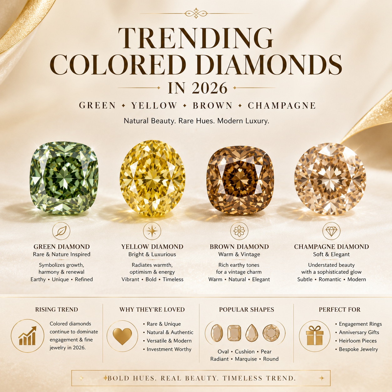 Trending Colored Diamonds in 2026: Green, Yellow, Brown & Champagne Di